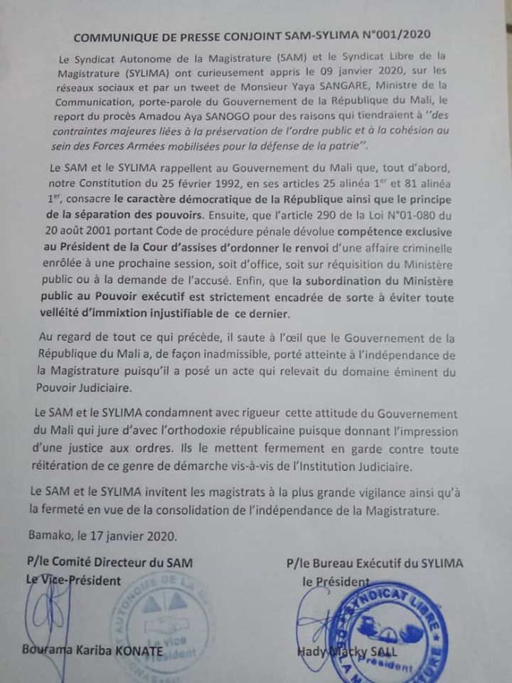 Report du procès Amadou Aya Sanogo: SAM et SYLIMA mettent en garde le ...